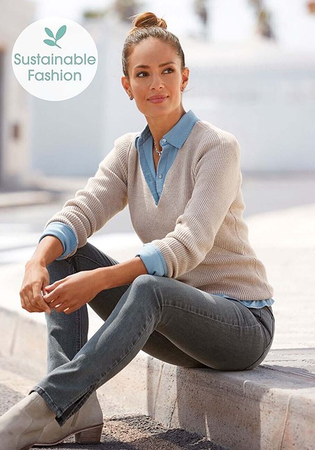 Beige V-Neck Sweater