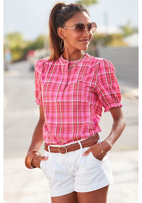 Pink Multi Plaid Ruffle Detail Blouse