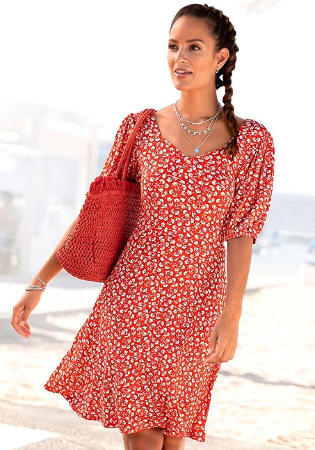 Red Printed Floral Puff Sleeve Dress X29558 | LASCANA