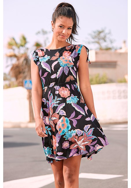 Black Printed Tie Detail Dress