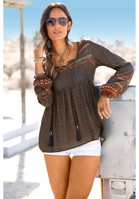 Navy Multi Long Sleeve Boho Print Top X34147 | LASCANA