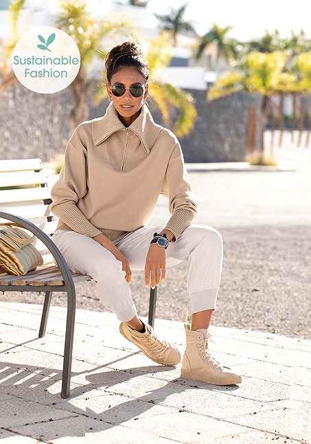 Beige Oversized Zip Collar Sweater